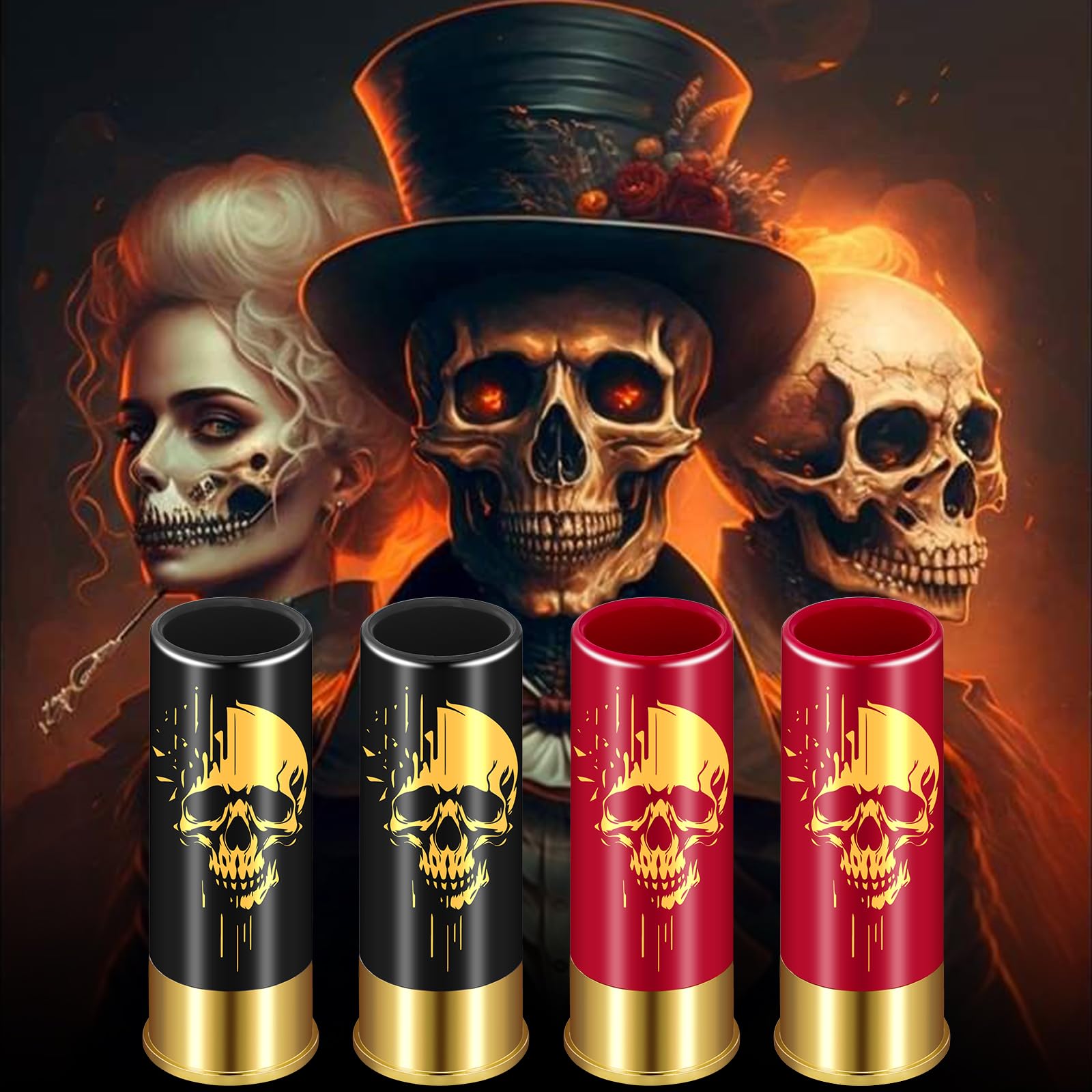 Skull Plastic Shot Glasses Bulk Set of 4 with Gift Box for Men Women Gothic Fans Wedding Party Birthday Christmas Father's Day Gifts, 12GA Small Bullet Shot Cups for Whiskey Tequila Vodka Liquor