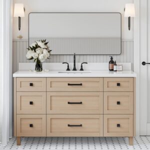 ariel 61'' bathroom vanity with sink, american white oak solid wood, 1.5" edge pure white quartz countertop and backsplash, rectangle sink, soft closing doors, dovetail drawers, matte black