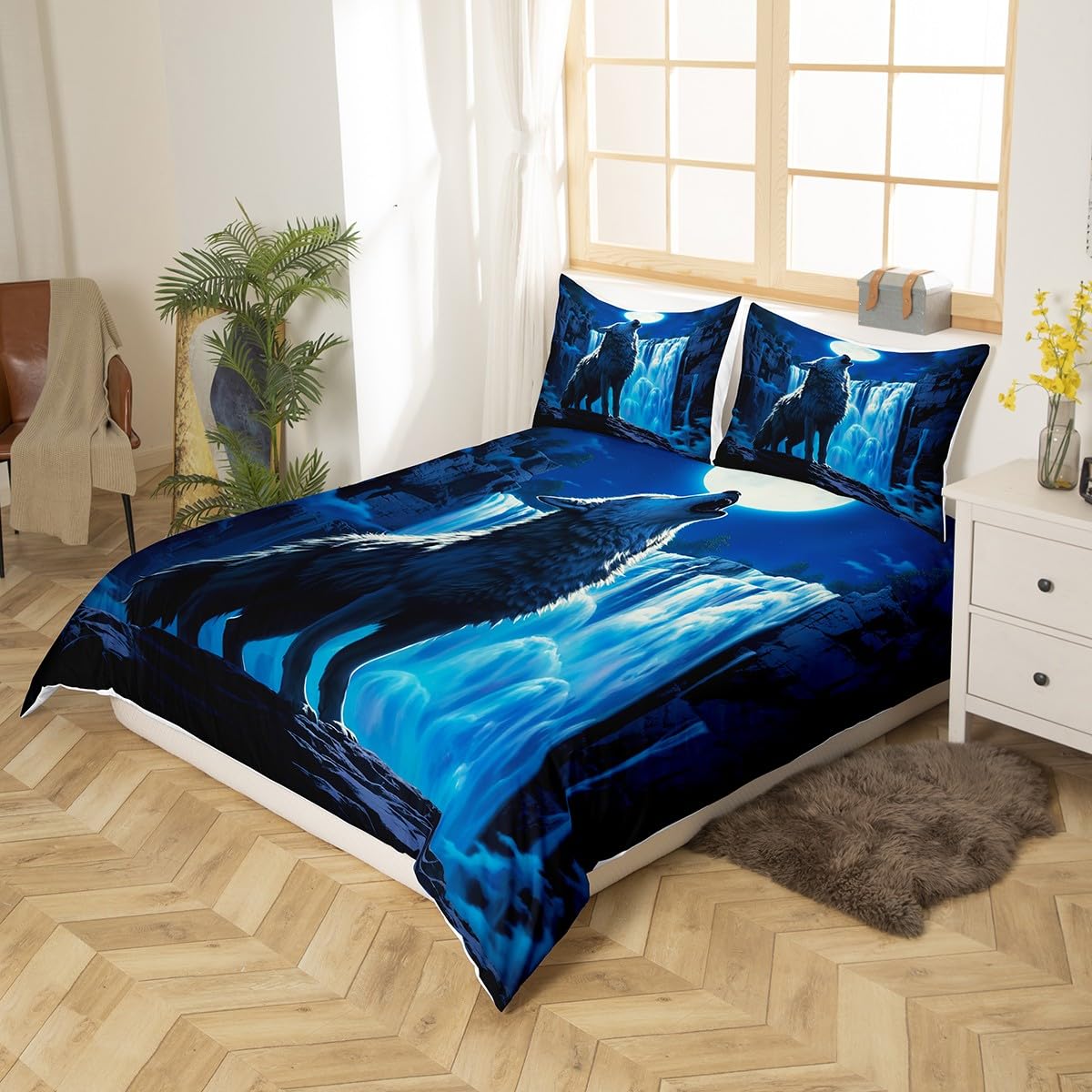 Moon Howling Wolf Bedding Set Twin Size,3D Wolf Duvet Cover Set Kids Boys Girls Room Decor,Waterfall Wild Animal Moonlight Comforter Cover 2Pcs,Blue Dark Night Nature Bedspreads Cover,1 Pillowcase