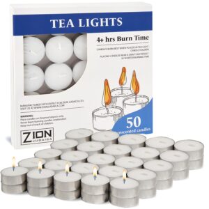 long burning tea light candles – unscented, smokeless, dripless, white tea lights candles for wedding, holiday, shabbat, or emergency – 4 hour long lasting tealight candles, 50 pack by zion judaica