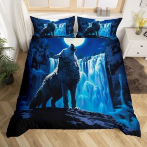 moon howling wolf bedding set twin size,3d wolf duvet cover set kids boys girls room decor,waterfall wild animal moonlight comforter cover 2pcs,blue dark night nature bedspreads cover,1 pillowcase