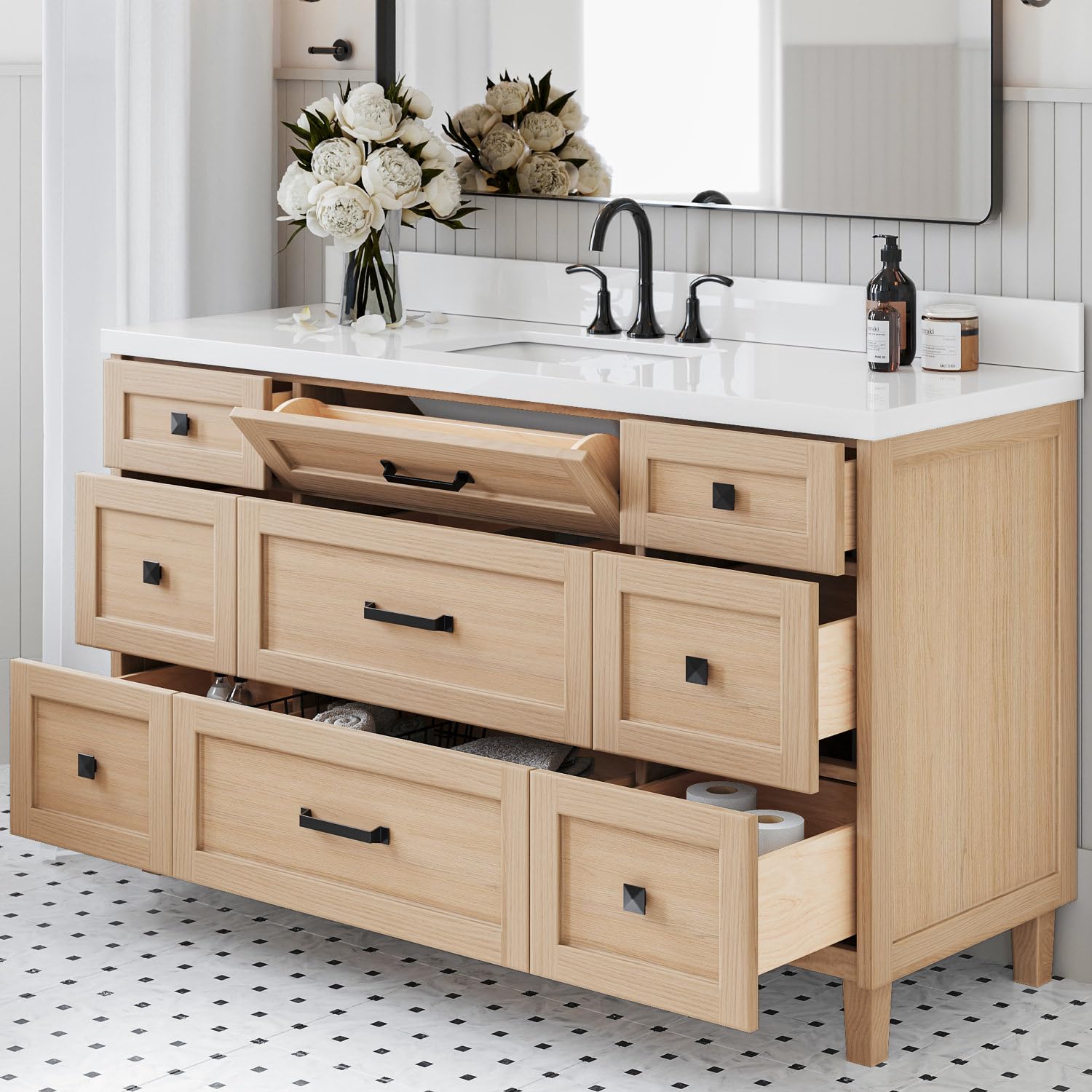 ARIEL 61'' Bathroom Vanity with Sink, American White Oak Solid Wood, 1.5" Edge Pure White Quartz Countertop and Backsplash, Rectangle Sink, Soft Closing Doors, Dovetail Drawers, Matte Black