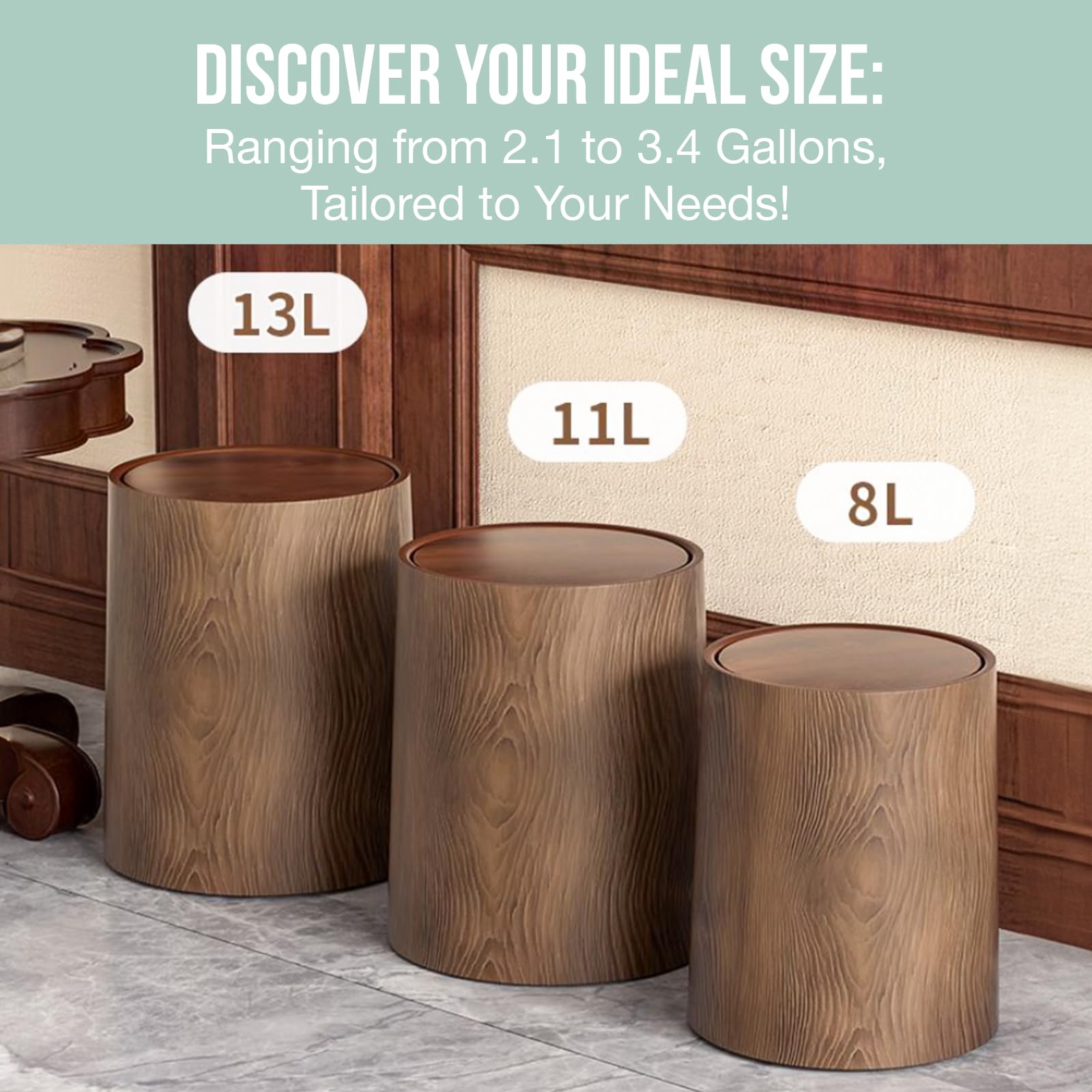 11L Trash Can with Lid - 2.9-Gallon Walnut Brown Wood Grain Bathroom Garbage Can with Swing Top Lid - Minimalist Diaper Trash Can w Removable Interior Waste Bucket - Dustbin for Office, Bedroom