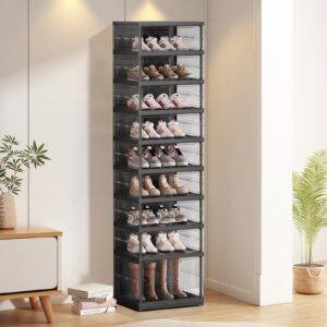 syncvibe foldable shoe organizer with doors 9 tier 18 pairs folding shoe rack, transparent shoe storage shelf for closet, stackable sneaker shoes storage boxes, large shoe storage cabinet