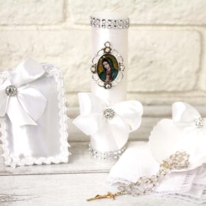 Elegant Wood Box 5pc Our Lady Guadalupe Charm Rhinestone Mi Bautizo Baptism Gift Set Rosary Candle Communion Espanol Nina Nino Favor Bible Velas Recuerdos