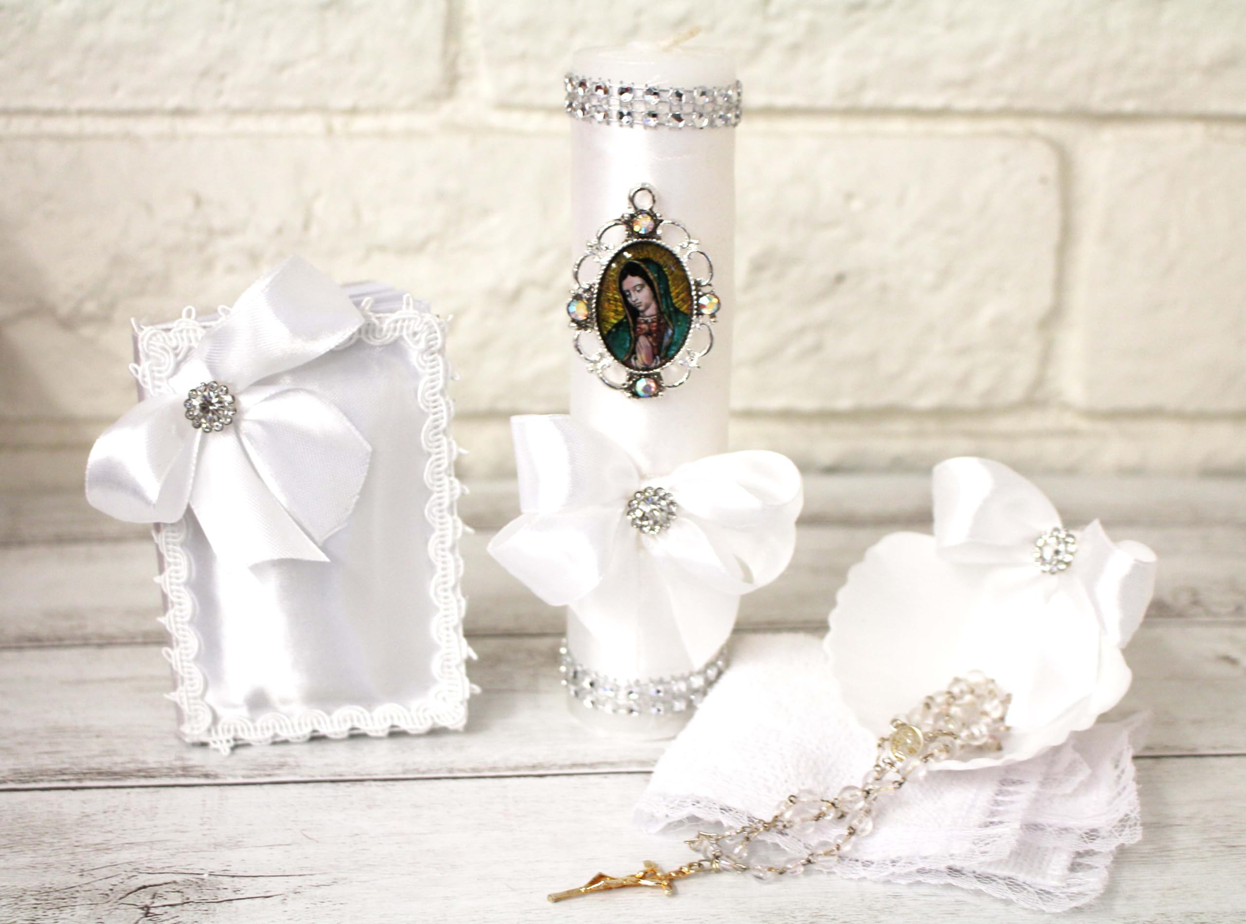 Elegant Wood Box 5pc Our Lady Guadalupe Charm Rhinestone Mi Bautizo Baptism Gift Set Rosary Candle Communion Espanol Nina Nino Favor Bible Velas Recuerdos