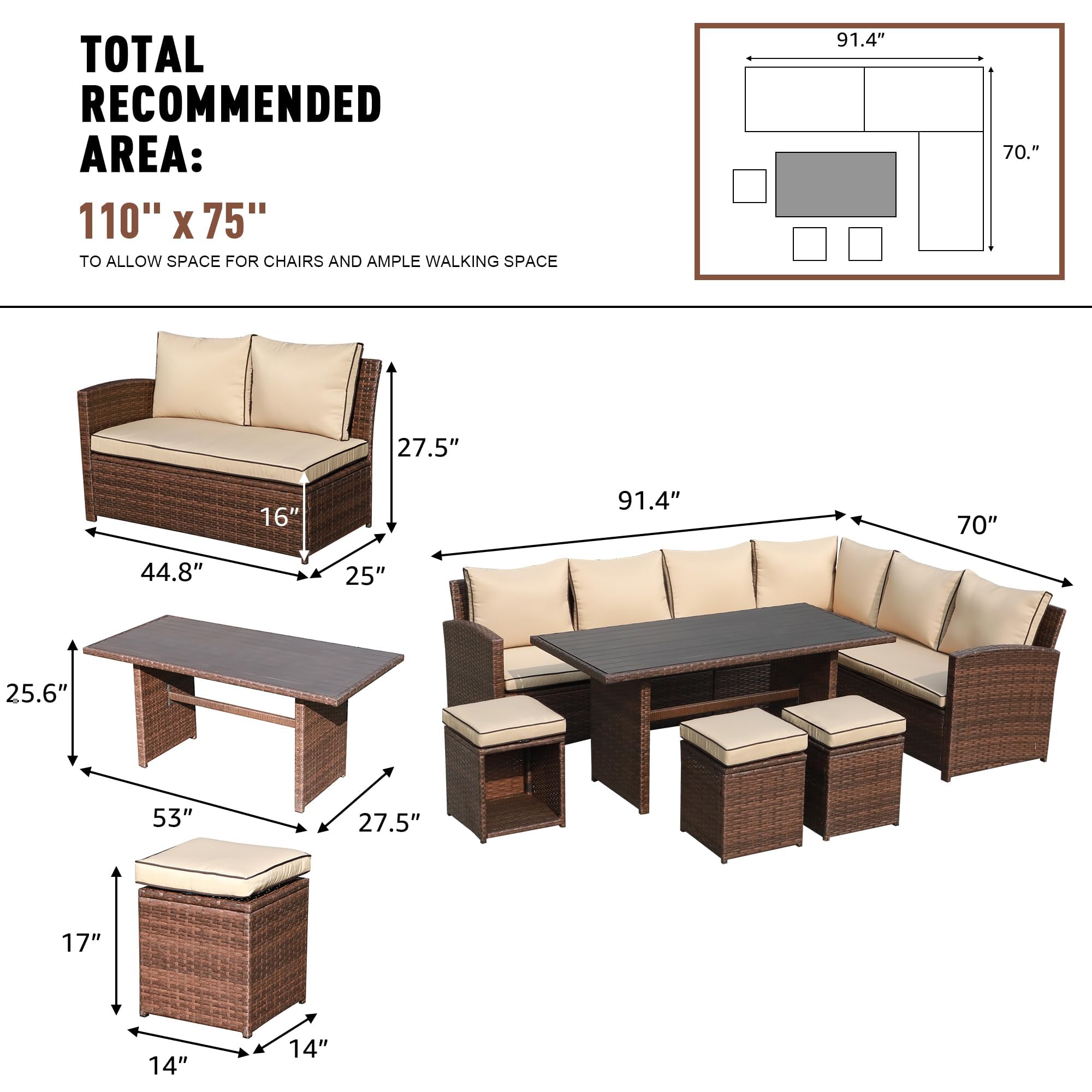 JOIVI 7 Piece Patio Furniture Set, Patio Dining Sofa Set, Outdoor Sectional Sofa Conversation Set All Weather Wicker Rattan Couch Dining Chair & Table with Ottoman, Brown Rattan Beige Cushion