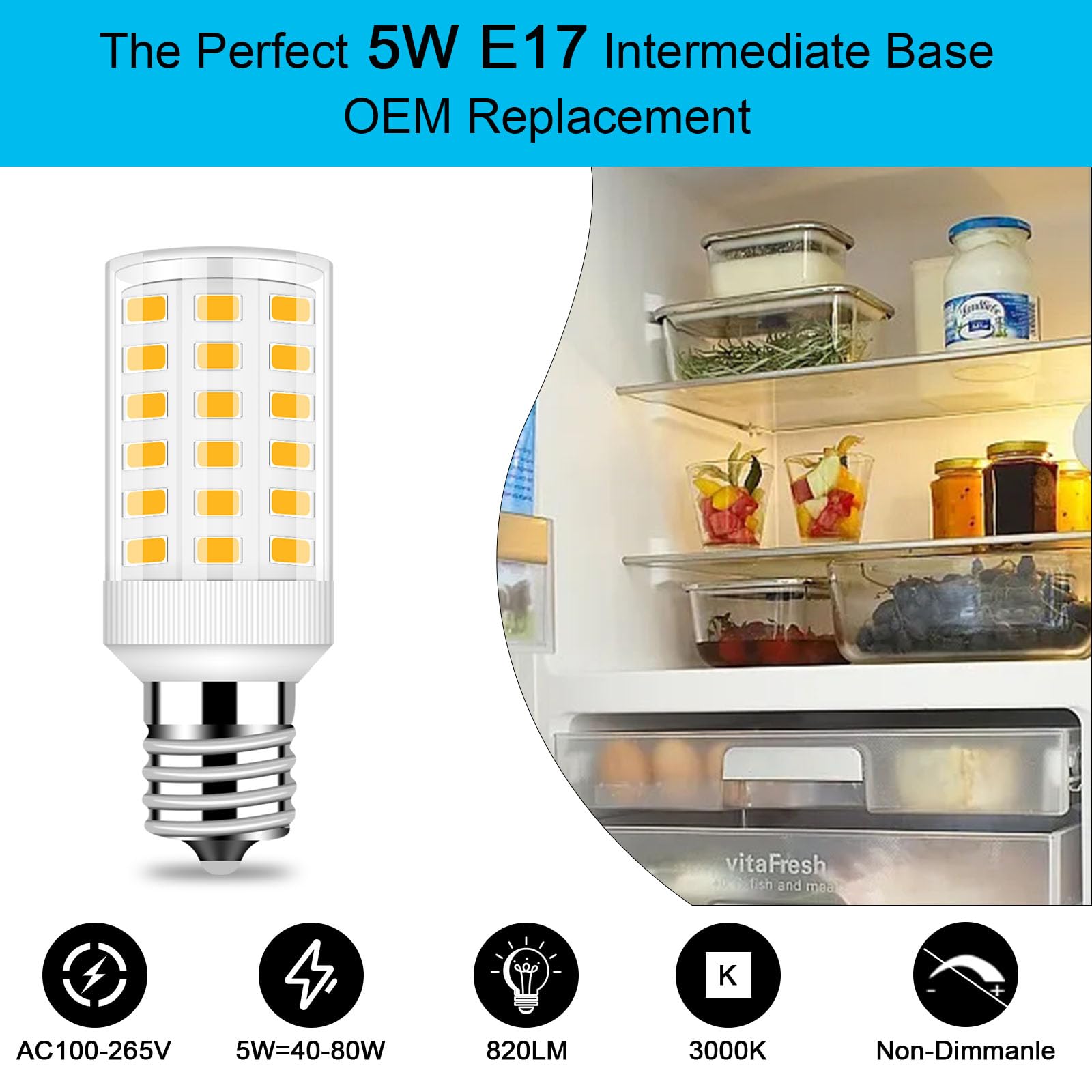 Fridge LED Lamp Kei D28k 4w Kel2812 Freezer Bulb Kei D28m Kel 2815 Fit for Frigidaire Kenmore Electrolux Refrigerator Light Bulb 5304498578 E17 Intermediate Base, 100-265V Warm White 820LM, 1 Pack