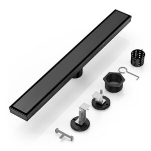 dlone linear shower drain, 24 inch aisi 304 stainless steel shower floor drain with tile insert grate, high-end linear drain with leveling feet and hair catcher. (matte black)