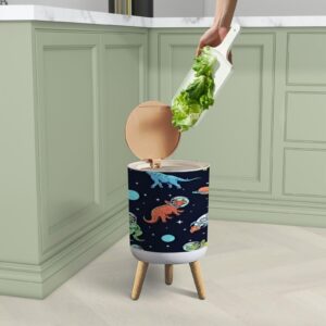 Trash Can with Lid Dinosaurs space seamless pattern Hand drawn dinosaur cartoons space Garbage Can Round Waste Bin Press Cover Dog Proof Wastebasket for Kitchen Bathroom Living Room Nursery 1.8gal