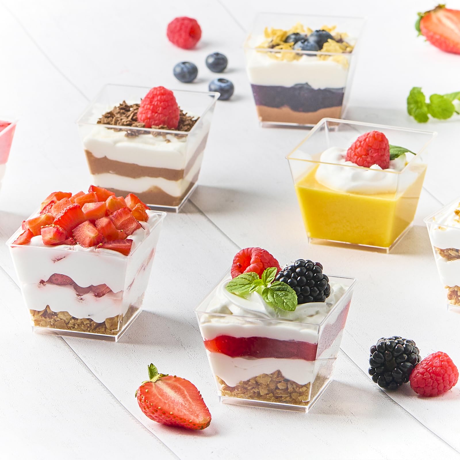 Zezzxu 50 Pack 4 oz Square Mini Dessert Cups with Spoons - Plastic Pudding Cups & Parfait Cups Party Dessert Shooters for Serving Trifle Mousse Cake Appetizer Fruit