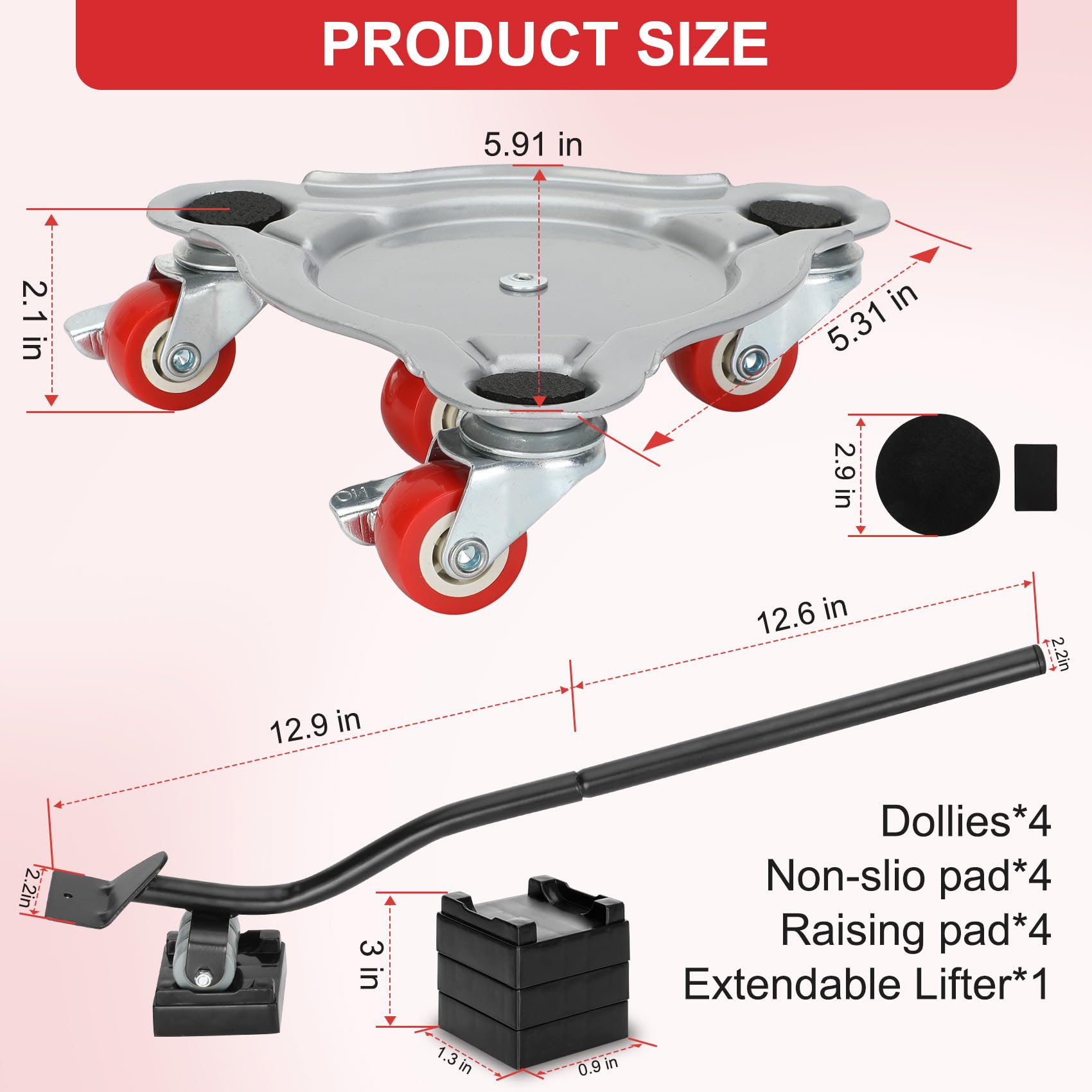 Mover Dolly with 4 Wheels, 360° Rotation Wheels Furniture Dolly, Steel Tripod Structure, 3 Wheels Have Brakes for Better Control of Movement, (Triangle-Size: 5.91 in)