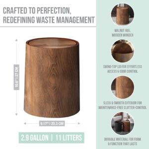 11L Trash Can with Lid - 2.9-Gallon Walnut Brown Wood Grain Bathroom Garbage Can with Swing Top Lid - Minimalist Diaper Trash Can w Removable Interior Waste Bucket - Dustbin for Office, Bedroom