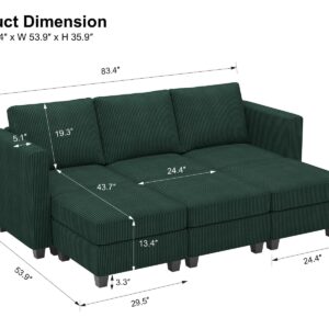 Belffin Corduroy Sectional Sleeper Sofa with Storage Ottoman, Modular Luxury Sectional Sofa with Chaise, Convertible Modern Sectional for Living Room, Green