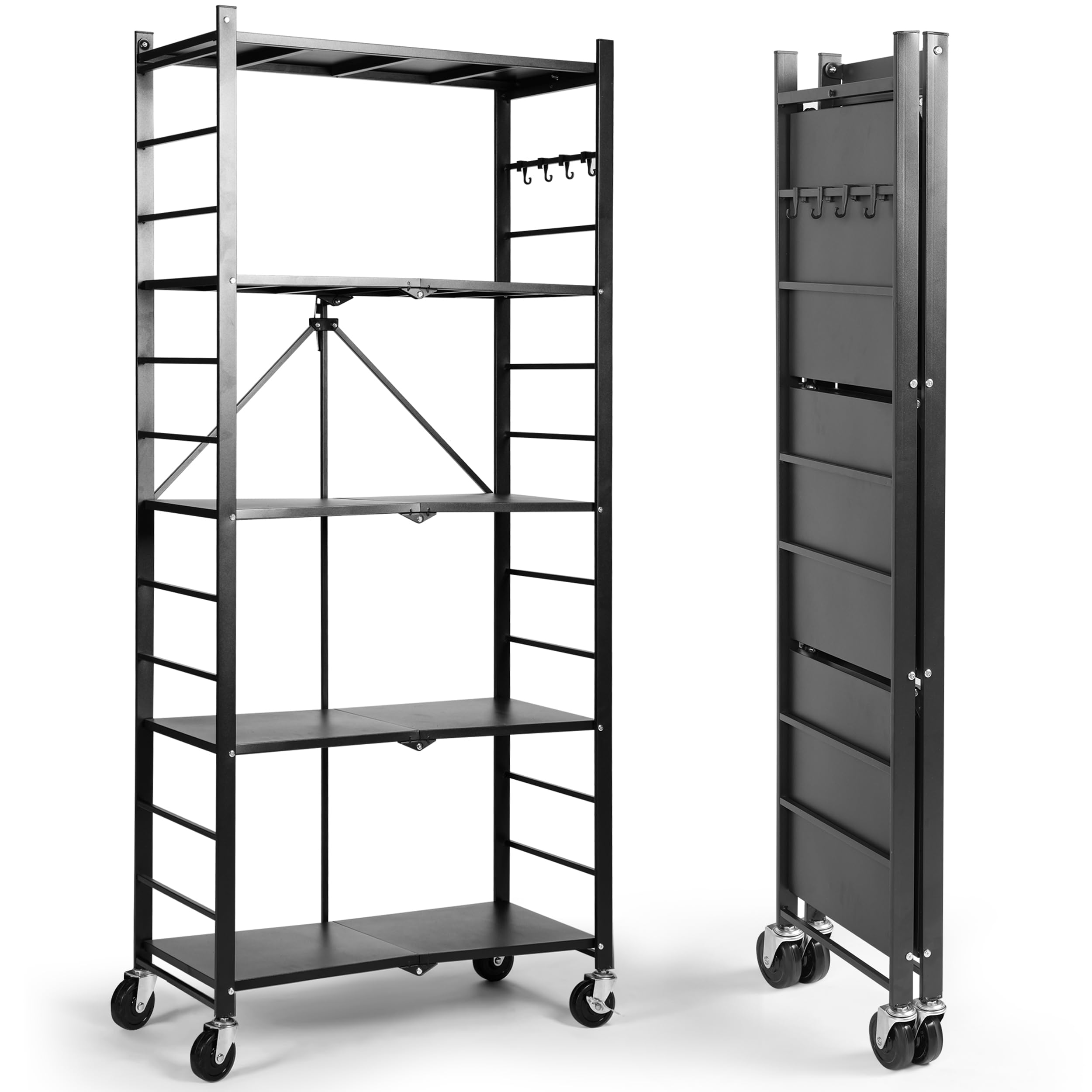 Regaliance Foldable Shelves with Wheels | 5-Tier Metal Shelving Unit - Tiered Shelf Organizer Solution - Strong & Stylish. Use Anywhere from Kitchen Racks and Shelves to Laundry Room Storage Rack