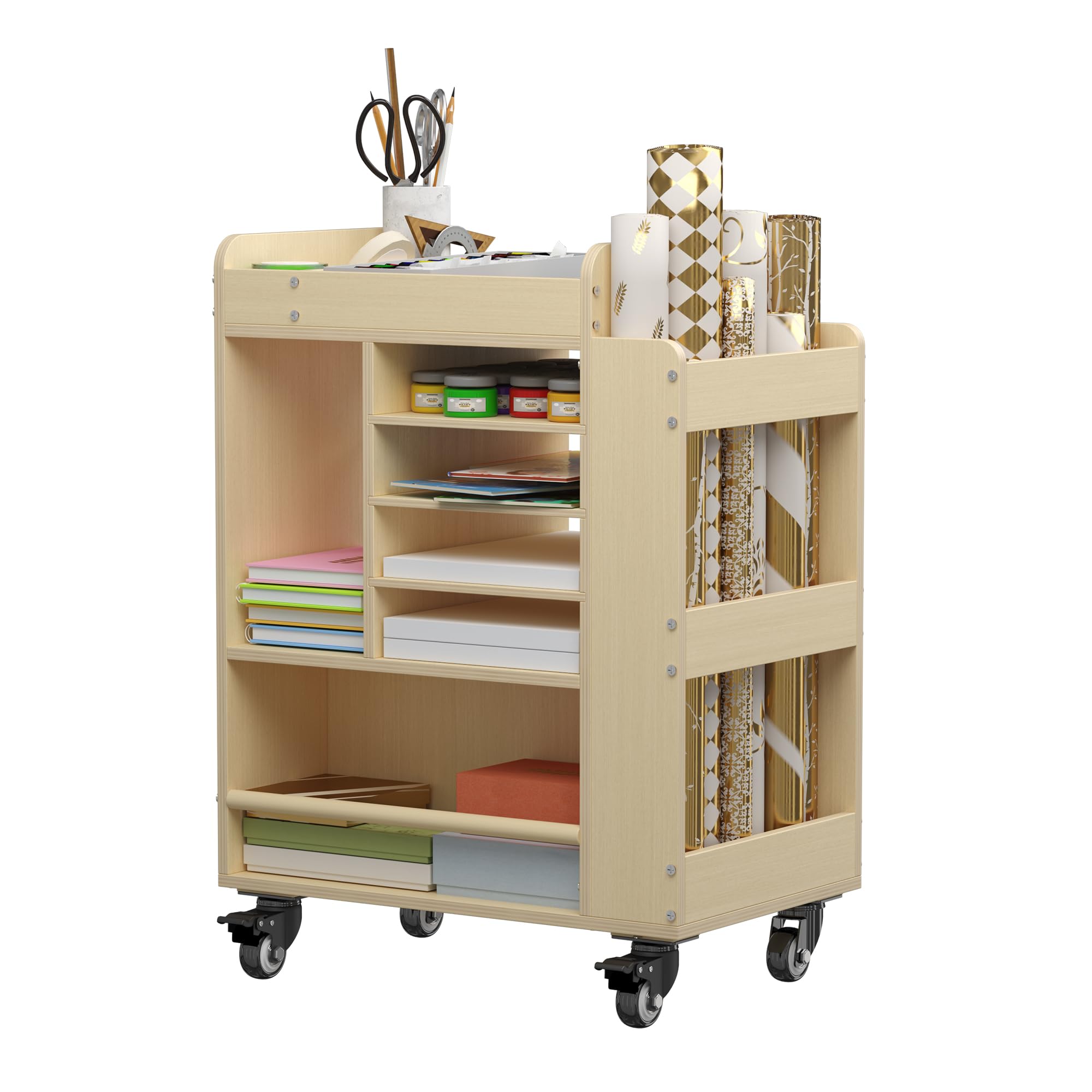 Art Cart,Art Cart Organizer on Wheels,Wrapping Paper Storage Cart,Wooden Art Rolling Cart,Craft Organizers and Storage for Home Office Classroom