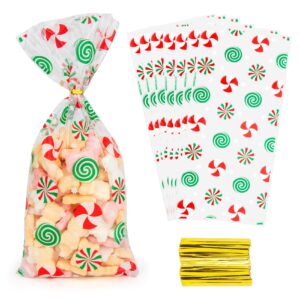 christmas treat bags, 50 pack christmas candy bags, cellophane treat bags with twist ties, christmas candy cane goodie gift bags, cello holiday treat bags for gift wrap sweets xmas party favor supplies