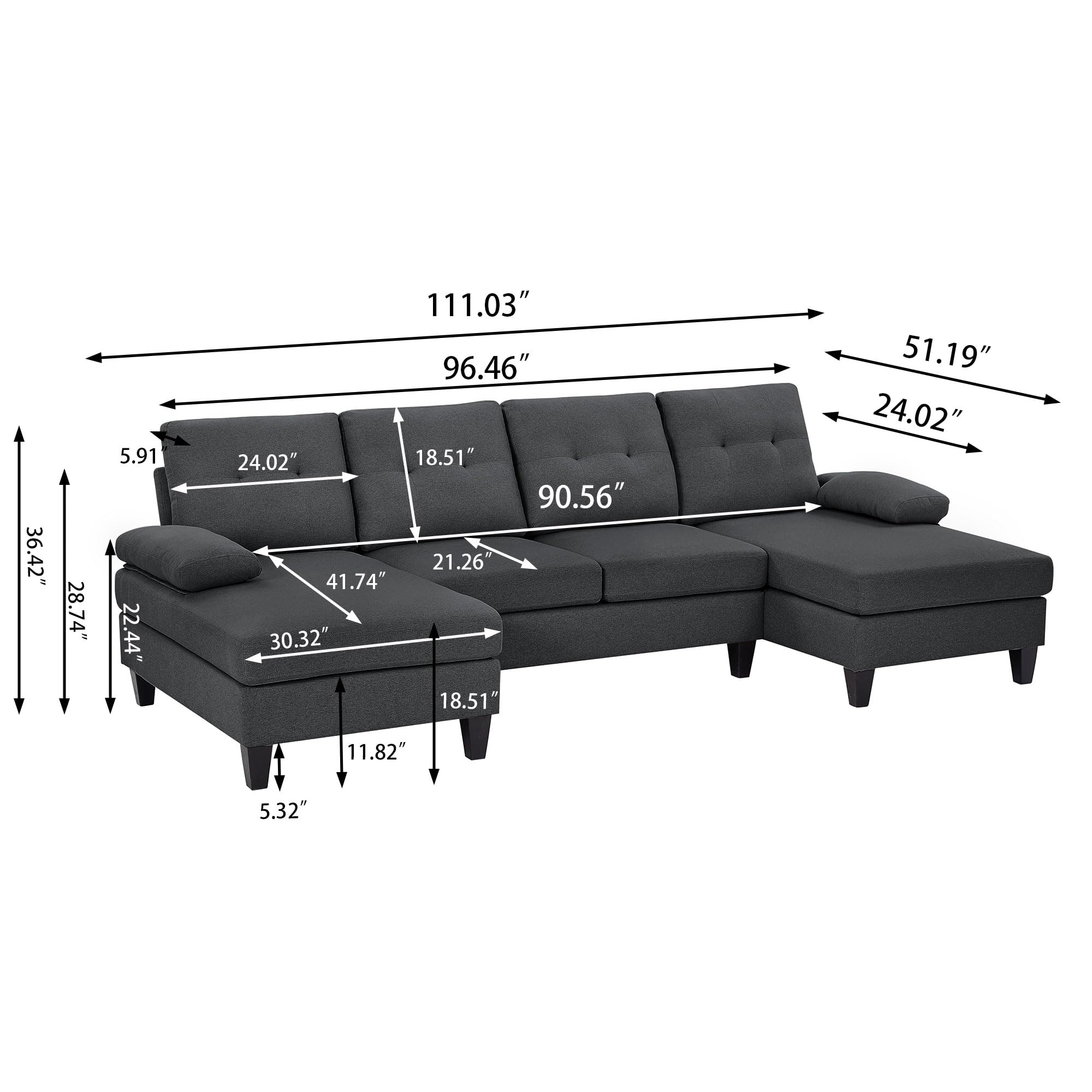 Enobala 111" Sectional Sofa, Modern U Shaped 4 Seat Sofa Couch Linen Fabric Sofa Couch for Living Room