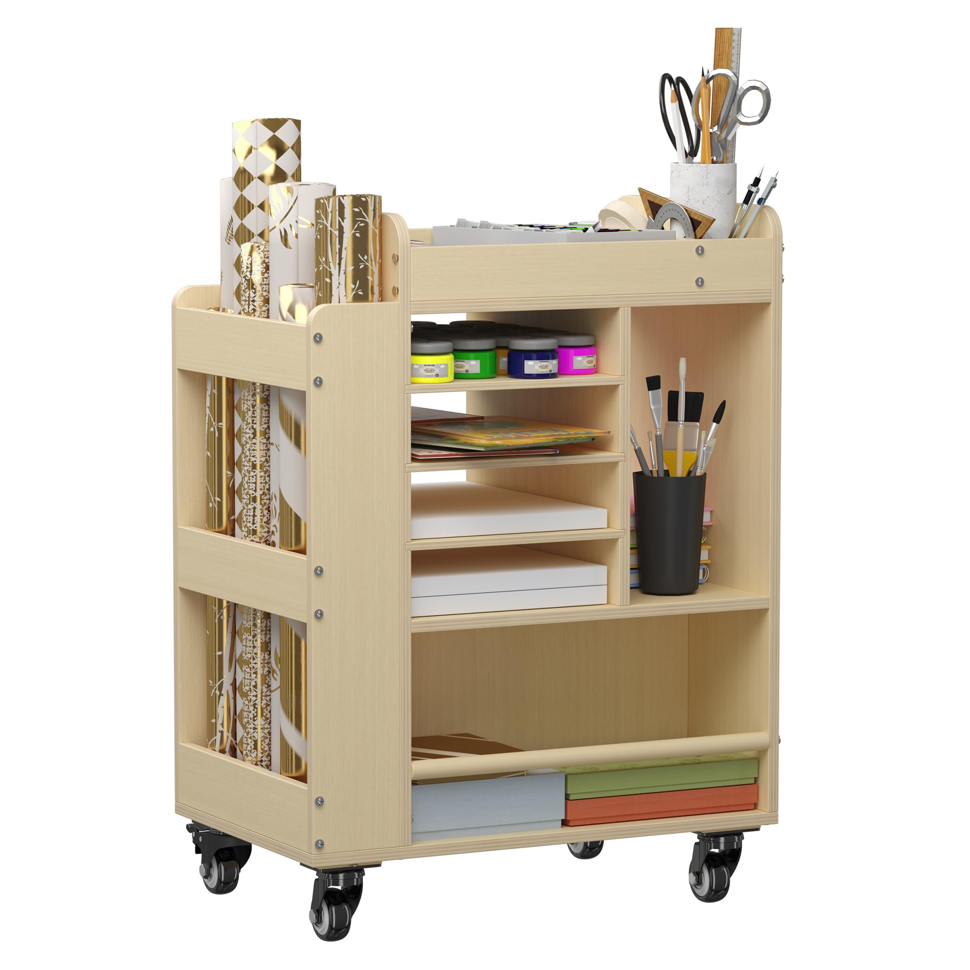 Art Cart,Art Cart Organizer on Wheels,Wrapping Paper Storage Cart,Wooden Art Rolling Cart,Craft Organizers and Storage for Home Office Classroom