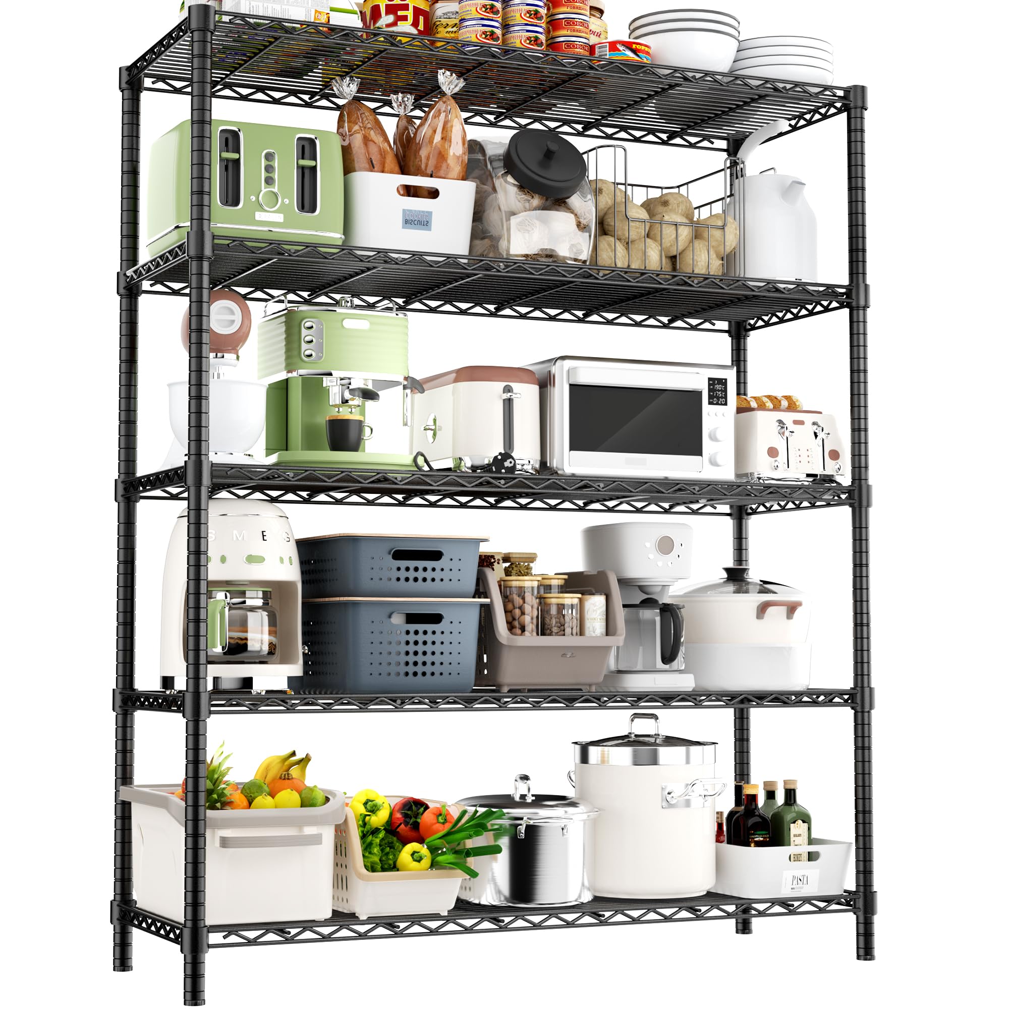 Storage Shelves Heavy Duty, 48" L x 20" W x 72" H Garage Wire Shelving Unit Loads 2000LBS, 5-tier Adjustable Metal Industrial Utility Shelf Rack for Kitchen, Laundry Room, Pantry, Warehouse, Basement