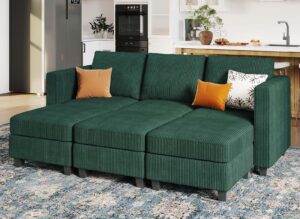 belffin corduroy sectional sleeper sofa with storage ottoman, modular luxury sectional sofa with chaise, convertible modern sectional for living room, green