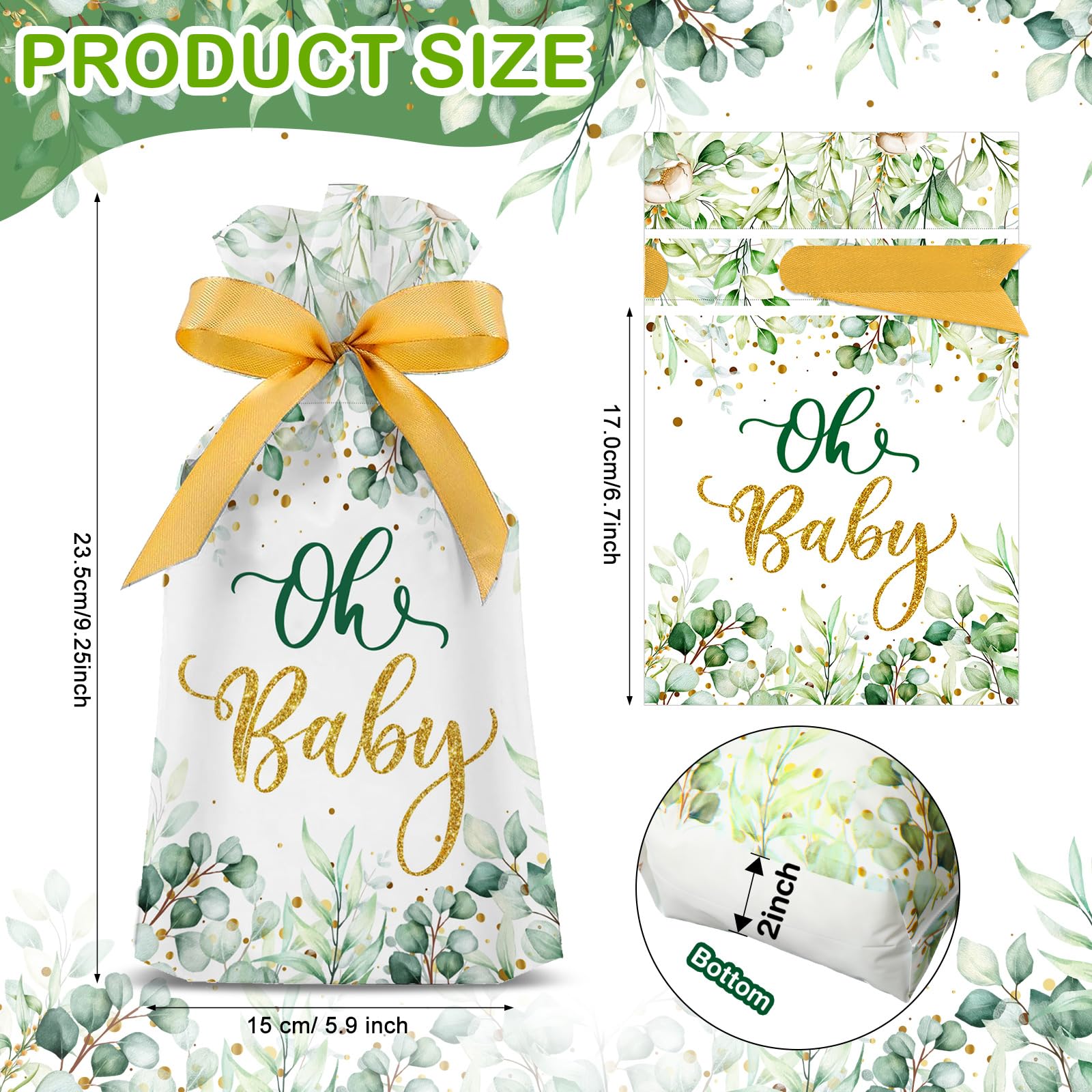 Bulyoou 50 Pcs Baby Shower Party Favors Bags Baby Plastic Drawstring Gift Bags Greenery Eucalyptus Candy Goodies Treat Bags for Baby Boy Girl Birthday Gender Reveal Party Supplies Decor 9 x 6 Inch