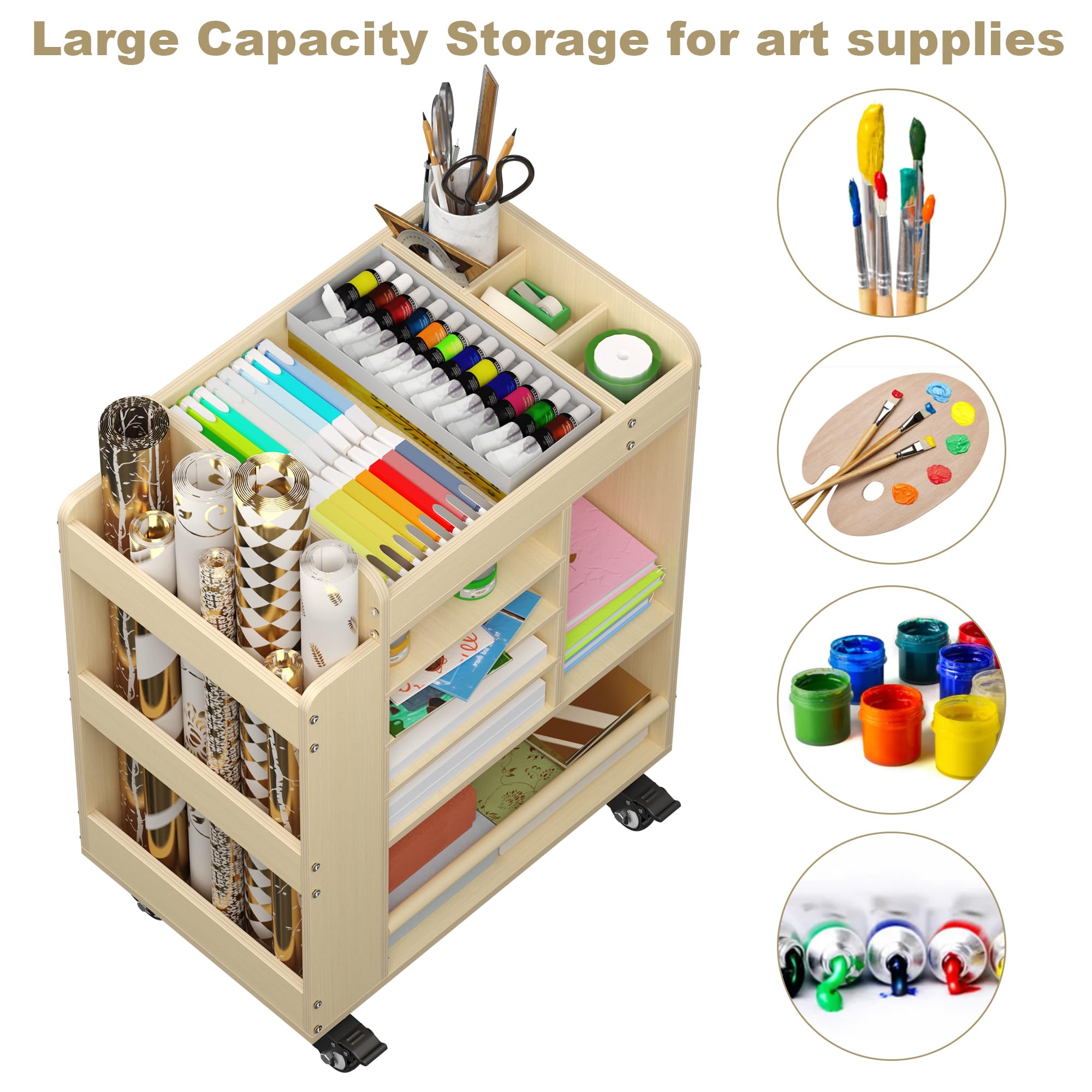 Art Cart,Art Cart Organizer on Wheels,Wrapping Paper Storage Cart,Wooden Art Rolling Cart,Craft Organizers and Storage for Home Office Classroom