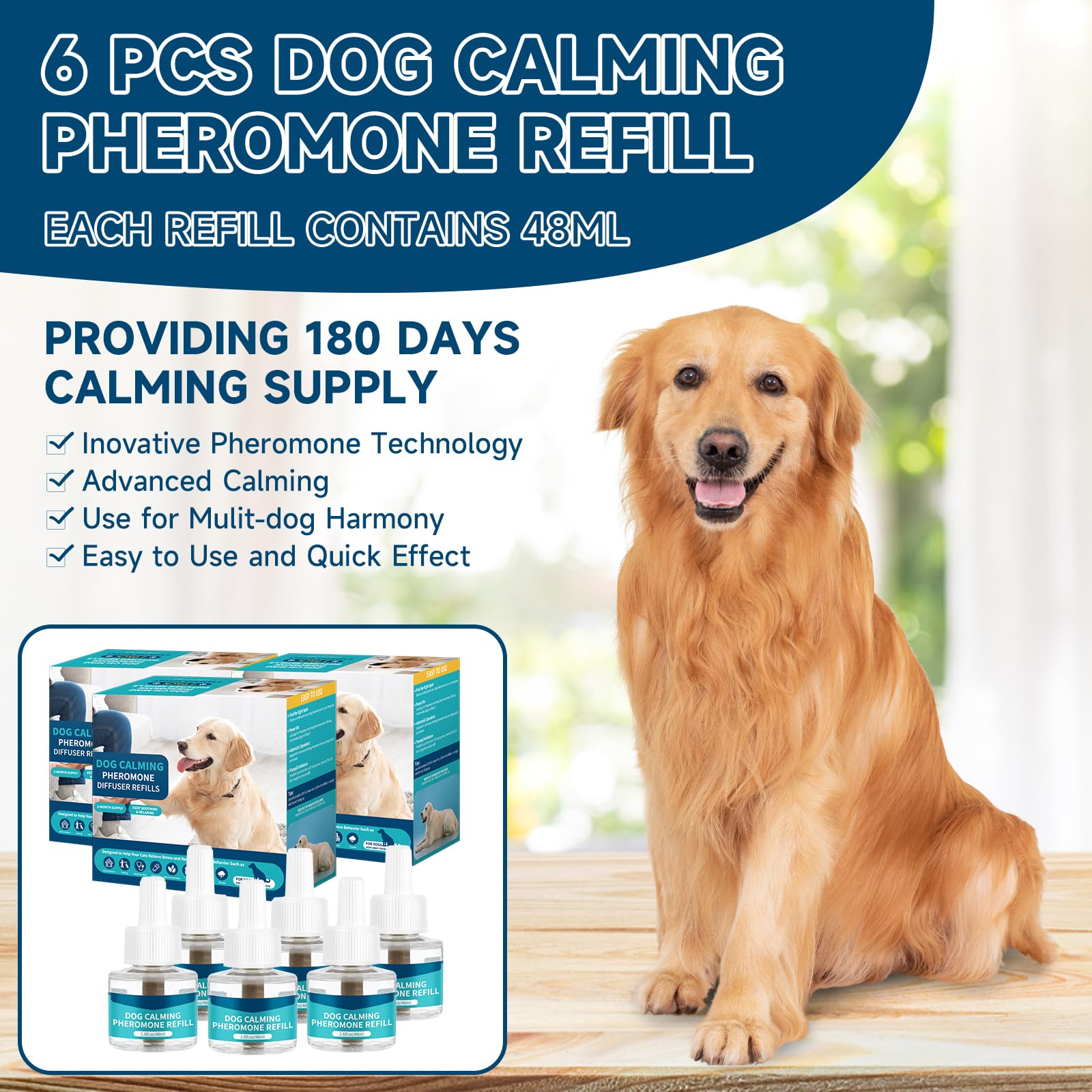 Dog Calming Diffuser Refills, 6 Pack Dog Calming Pheromones Diffuser for Dog Pheromones Calming Refill, 120 Days Anxiety Relief Stress Appeasing Pheromone Diffuser Calm Dog, Fits All Common Diffuser