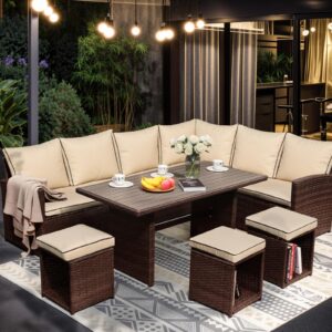 JOIVI 7 Piece Patio Furniture Set, Patio Dining Sofa Set, Outdoor Sectional Sofa Conversation Set All Weather Wicker Rattan Couch Dining Chair & Table with Ottoman, Brown Rattan Beige Cushion