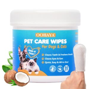 oohaya 3-in-1 pet finger wet wipes for dogs & cats, soft disposable finger wipes for eye, ear, & dental care, freshen breath with dental finger wipes, pack of 50