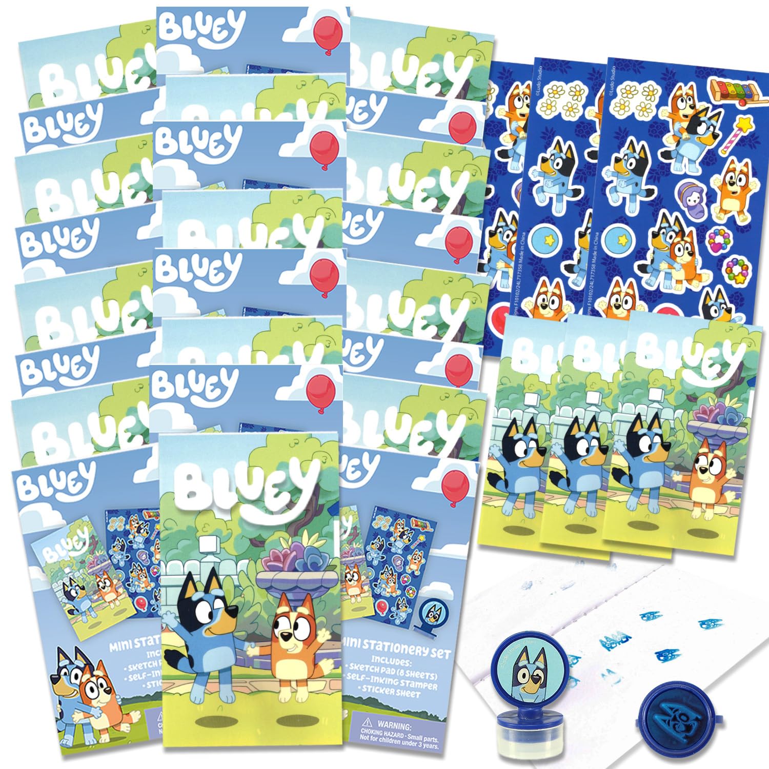 Bluey Birthday Party Favor Set - Bundle with 24 Bluey Activity Packs | Mini Sketch Book, Stickers, and Stamper | Blue Party Supplies