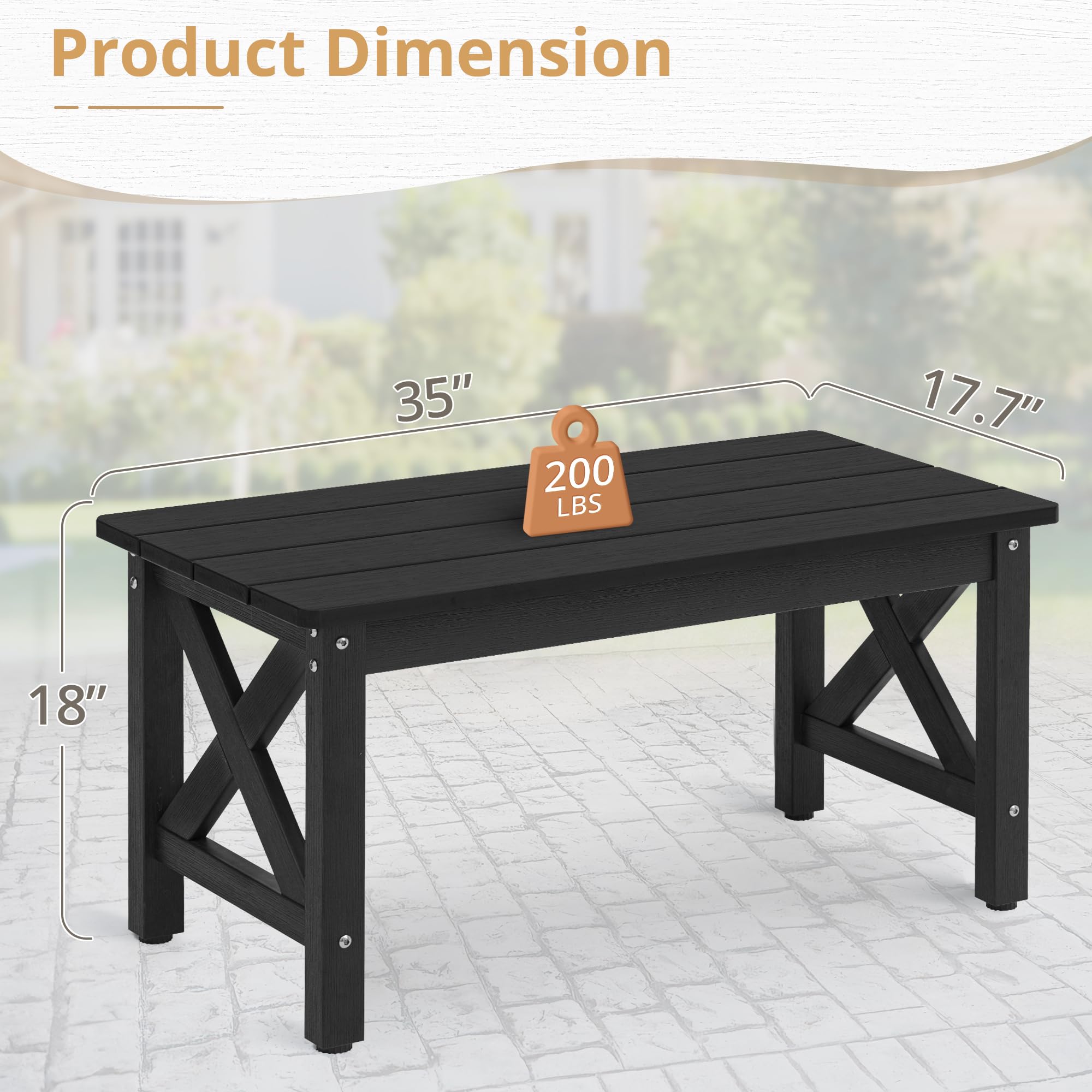 LUE BONA Outdoor Coffee Table for Patio, Rectangle HDPS Outdoor Coffee Table, All Weather Patio Coffee Tables for Outside Deck Porch Lawn, Black