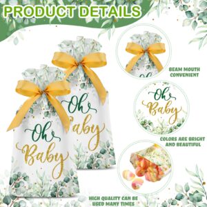 Bulyoou 50 Pcs Baby Shower Party Favors Bags Baby Plastic Drawstring Gift Bags Greenery Eucalyptus Candy Goodies Treat Bags for Baby Boy Girl Birthday Gender Reveal Party Supplies Decor 9 x 6 Inch