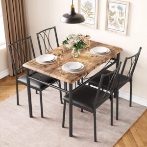 cabihome dining table set, 5 piece dining table set for 4, rectangle kitchen table set with 4 upholstered chairs, dining table set for small space, apartment, retro brown