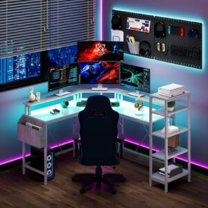 Patikuin L Shaped Desk with Power Outlets & LED Lights, 62" Computer Desk with Full Monitor Stand & Storage Shelves, Corner Desk Gaming Desk, Ergonomic Home Office Desk, White