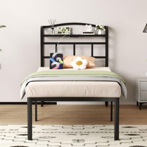 shoaned 18 inch metal bed frame - twin size black heavy duty bedframe platform basic mattress foundation with headboard & charging station no box spring needed/easy assembly/noise-free