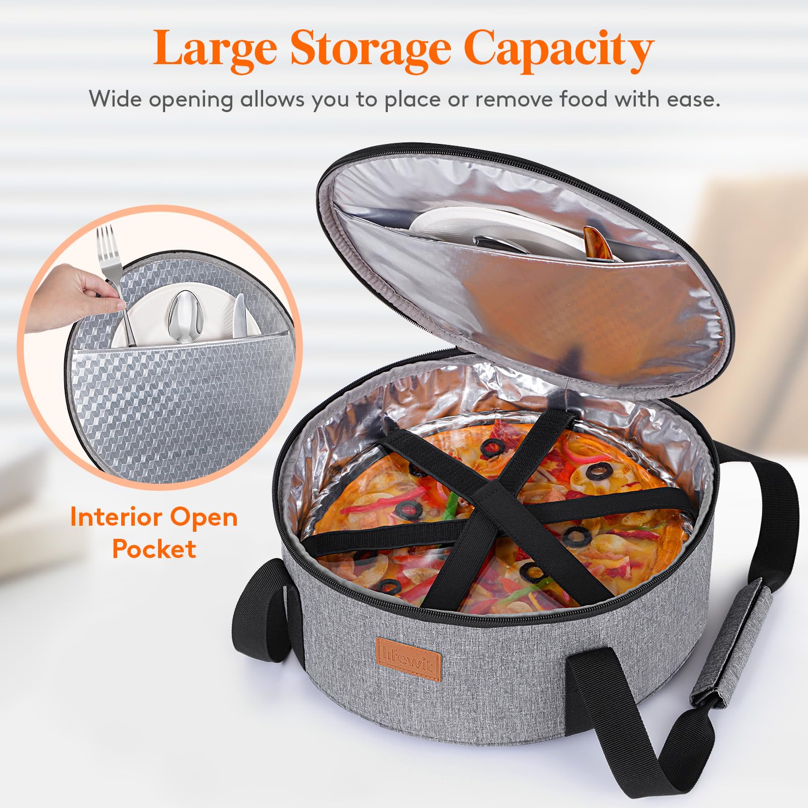 Lifewit Round Insulated Casserole Carrier for Hot and Cold Food, Pie Carrier Bag, Cake Carrier Casserole Dish Carrying Case for Potluck Parties Picnic, Fits 12.5" Baking Dish, Grey