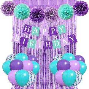 purple green birthday decorations, purple blue party balloons with happy birthday banner and purple turquoise fringe curtain pompom for girl women birthday baby shower party decorations