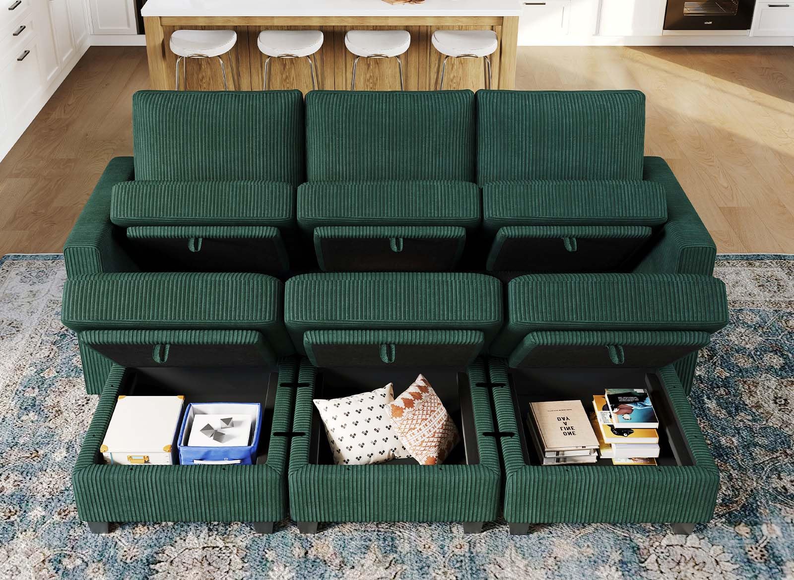 Belffin Corduroy Sectional Sleeper Sofa with Storage Ottoman, Modular Luxury Sectional Sofa with Chaise, Convertible Modern Sectional for Living Room, Green