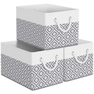 storagetastic storage bins, 3-pack large storage box with rope handles, collapsible storage basket for organizing books, clothes, white & grey