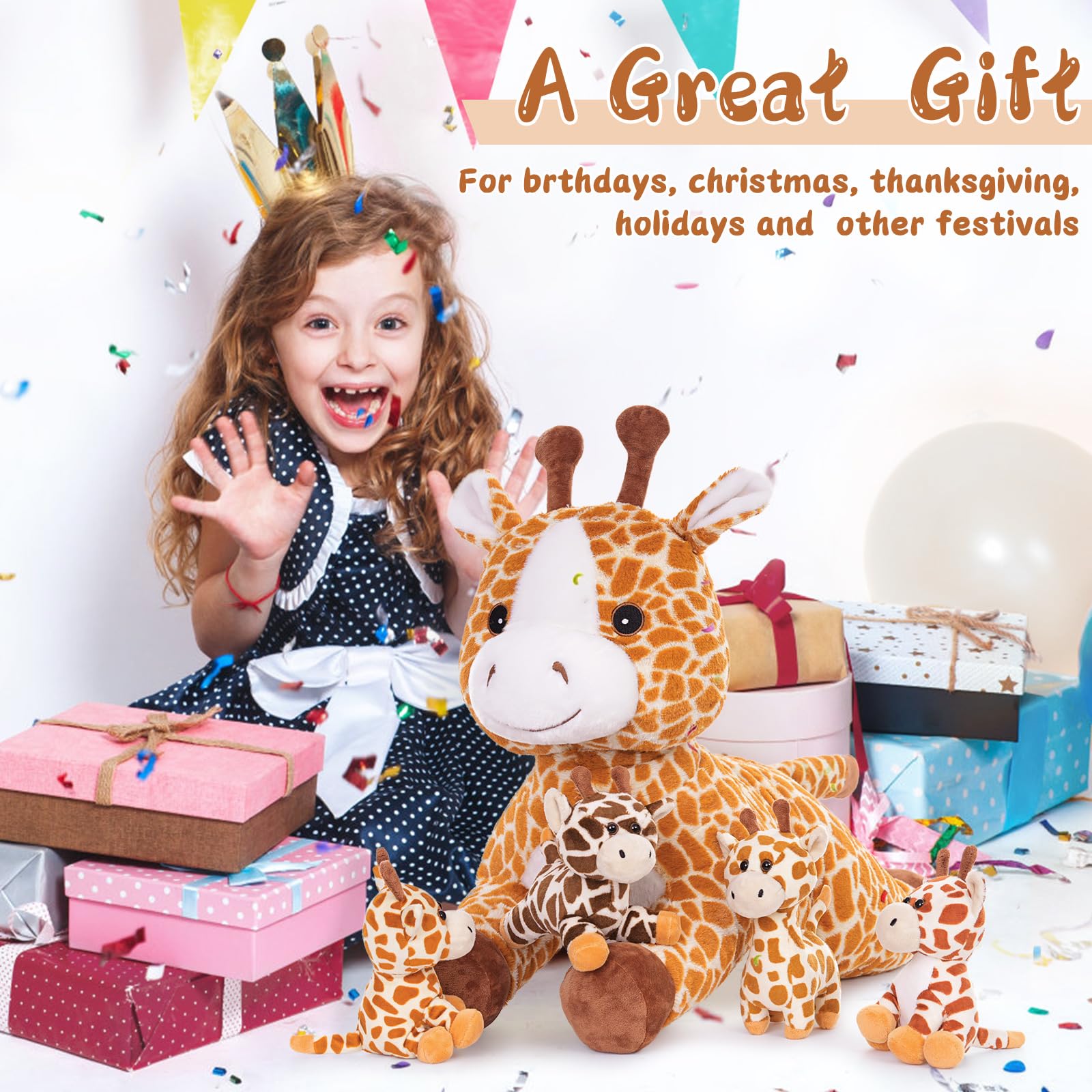 Tezituor 5Pcs Giraffe Stuffed Animal Set, 22in Mommy Stuffed Giraffe with 4 Cute Baby Giraffe Toys for Girl Boy Kid, Soft Large Giraffe Pillow, Plush Giraffe Gift for Birthday Christmas Party Decor