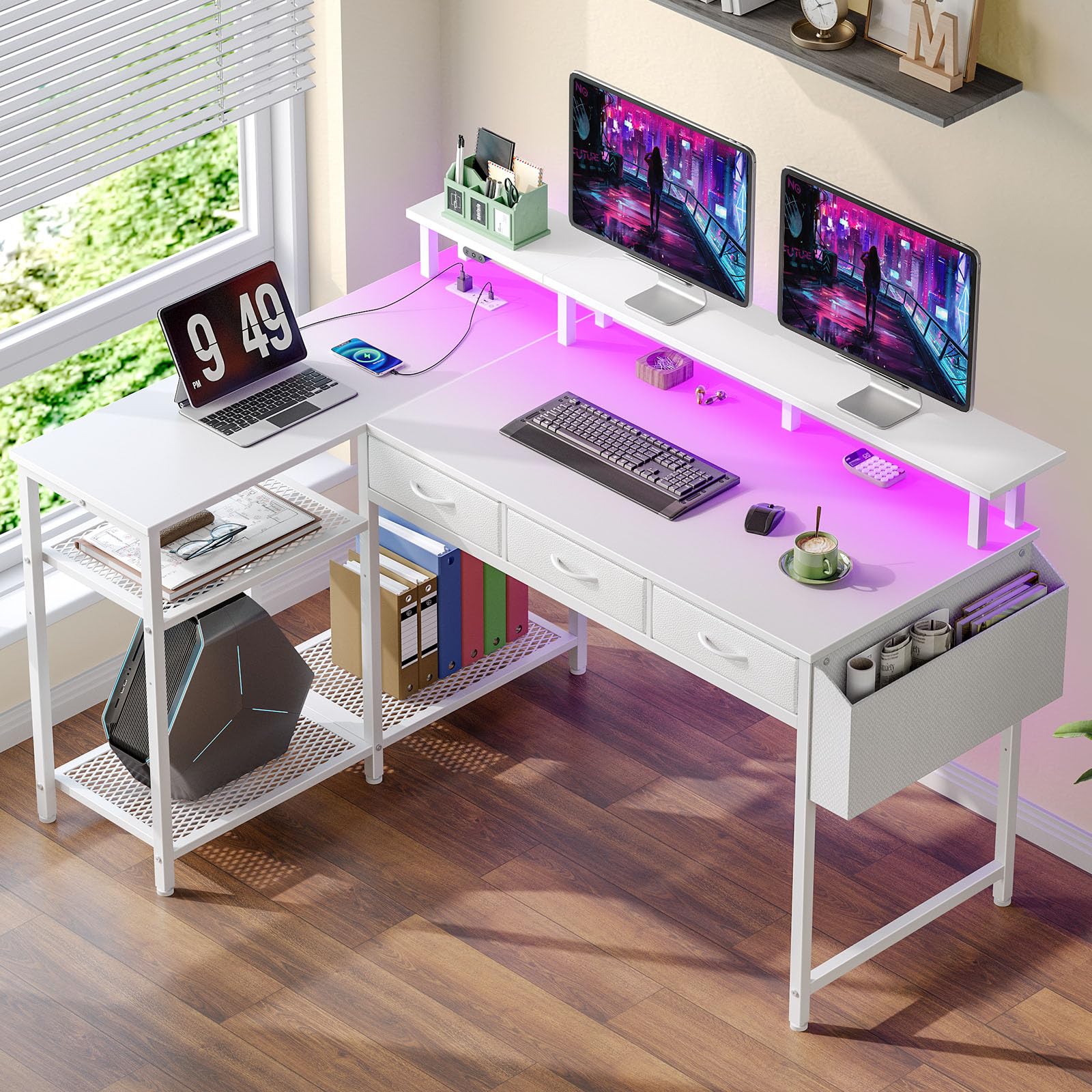 Seventable L Shaped Desk with Storage Drawers, 47 inch Gaming Desk with Shelves, Small Computer Desk with Power Outlets & LED Lights, Home Office Corner Desk with Monitor Stand for Bedroom, White