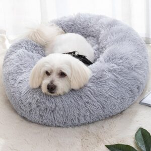 lemuluxe cat beds for indoor cats, 15 inches small dog bed calming plush cat bed fluffy round dog bed donut dog bed soft puppy pet bed cat beds kitten beds for indoor kittens (grey)