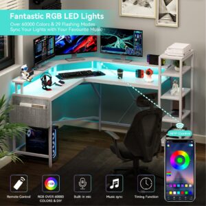 Patikuin L Shaped Desk with Power Outlets & LED Lights, 62" Computer Desk with Full Monitor Stand & Storage Shelves, Corner Desk Gaming Desk, Ergonomic Home Office Desk, White