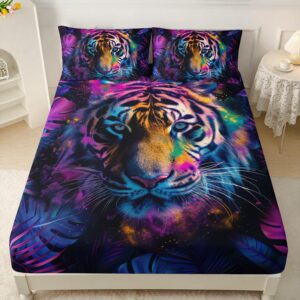 ailonen tiger fitted sheet set twin size,colorful jungle tiger bed sheet set for bedroom decor,3 pieces wild animal sheet set soft twin fitted sheet with 2 pillowcases for kids boys teens