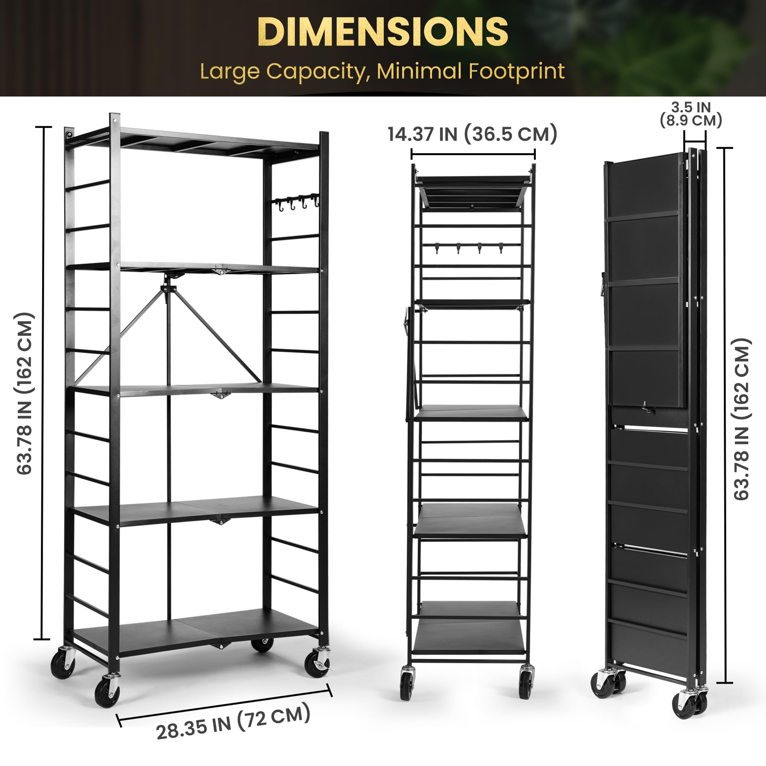 Regaliance Foldable Shelves with Wheels | 5-Tier Metal Shelving Unit - Tiered Shelf Organizer Solution - Strong & Stylish. Use Anywhere from Kitchen Racks and Shelves to Laundry Room Storage Rack