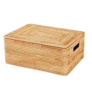 peslran rattan basket with lid,large storage basket lidded,rattan box for shelf (18" l×12" w×7" h)