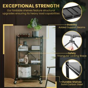 Regaliance Foldable Shelves with Wheels | 5-Tier Metal Shelving Unit - Tiered Shelf Organizer Solution - Strong & Stylish. Use Anywhere from Kitchen Racks and Shelves to Laundry Room Storage Rack