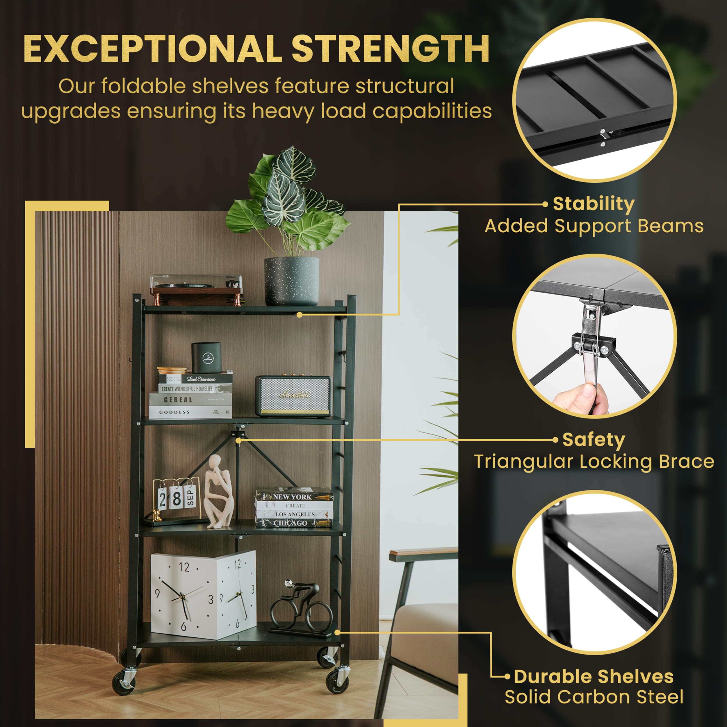 Regaliance Foldable Shelves with Wheels | 5-Tier Metal Shelving Unit - Tiered Shelf Organizer Solution - Strong & Stylish. Use Anywhere from Kitchen Racks and Shelves to Laundry Room Storage Rack