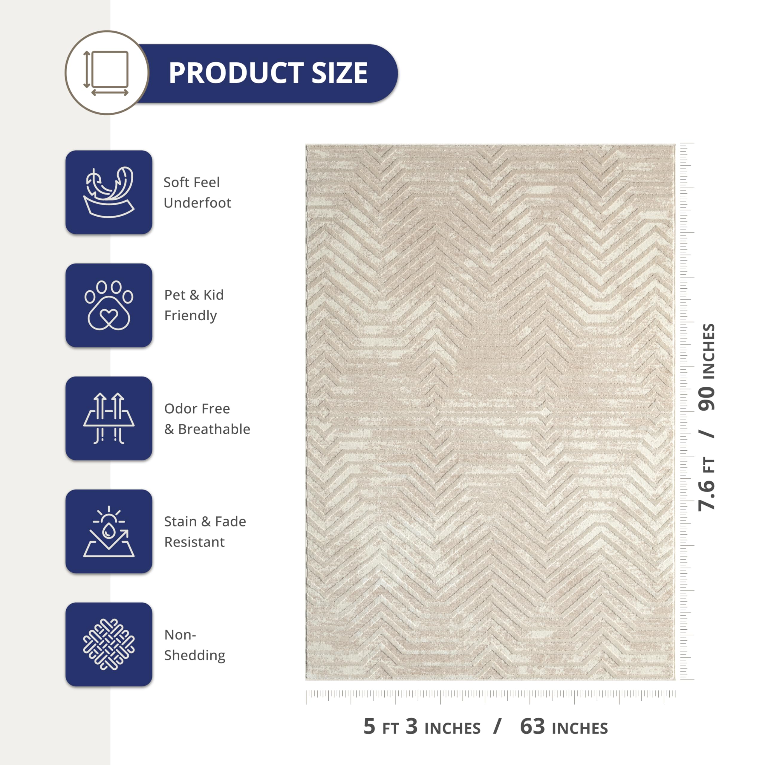 Abani Terra Cream 5' x 8' Area Rug for Living Room, Bedroom - Geometric Lines Pattern - Durable & Easy to Clean